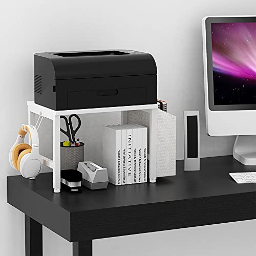 VEDECASA White Wooden Under Desk Printer Stand Holder with Storage Bin Headphone Hook for Home Office, Multi Purpose Organizer Modern Desktop Printer Shelf with Adjustable Anti-Skid Pads (White)