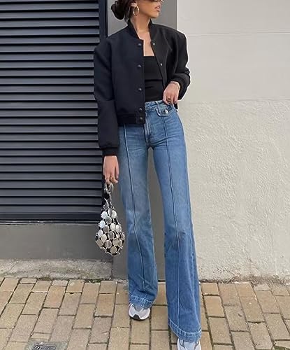 hathne Women's Cropped Bomber Jacket Button Up Casual Streetwear Bomber Jacket Coat with Pocket(L black)