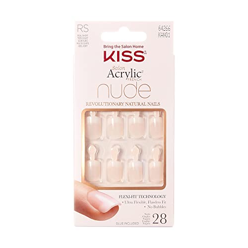 KISS Salon Acrylic French Nude Manicure Kit, Short Length Square Fake Nails, Style βBreathtakingβ, Acrylic Infused Technology, Includes Pink Gel Nail Glue, Mini Nail File, Manicure Stick, & 28 Nails