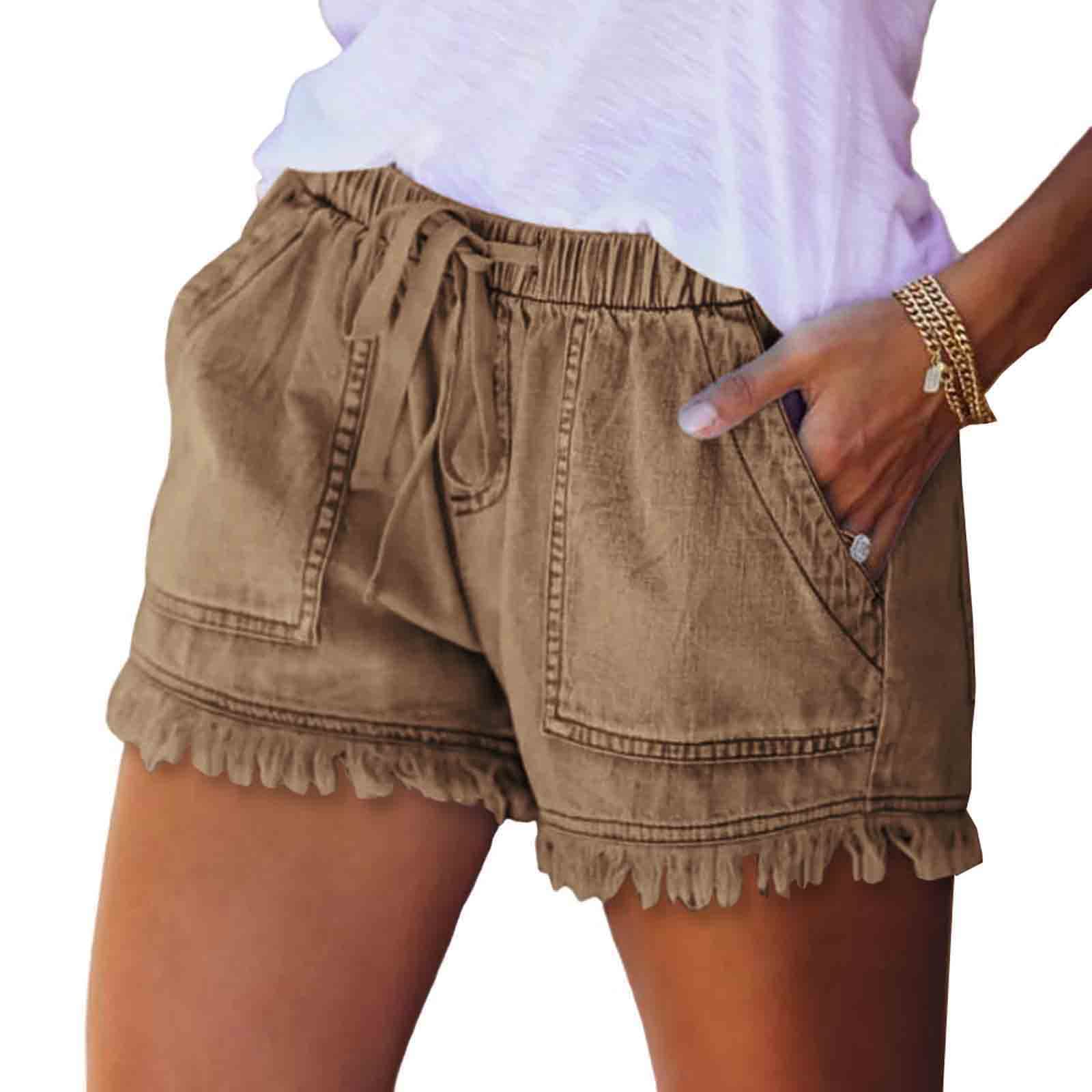 MOMEITU Women's Casual Mid Rise Denim Shorts Grunge Clothes Mid Waist Stretch Ripped Raw Hem Jean Shorts Grunge Clothes (Brown,M)