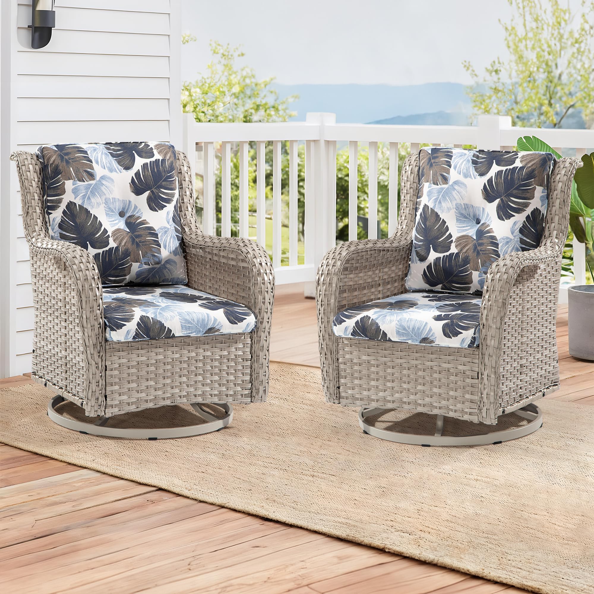 MeetLeisure Outdoor Swivel Rocker Wicker Chair Set of 2, High Back Swivel Patio Chairs Wicker Furniture, 2PCS Rattan Swivel Rocking Chairs with OIefin Cushions(Monstera Blue)