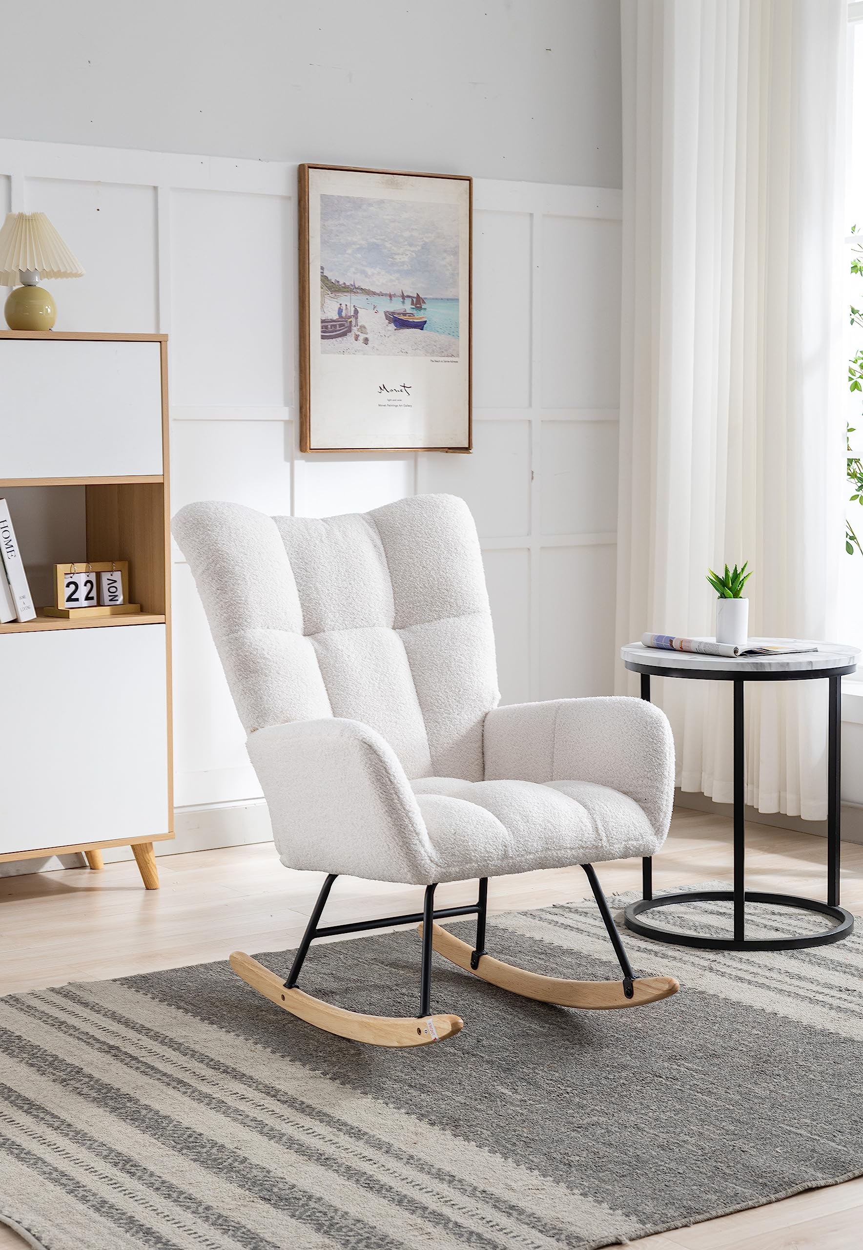 Lepfun, Soft Teddy Velvet Fabric Rocking Chair for Nursery, Comfy Wingback Glider Rocker with Safe Solid Wood Base for Living Room Bedroom and Balcony,Easy to Assemble,White