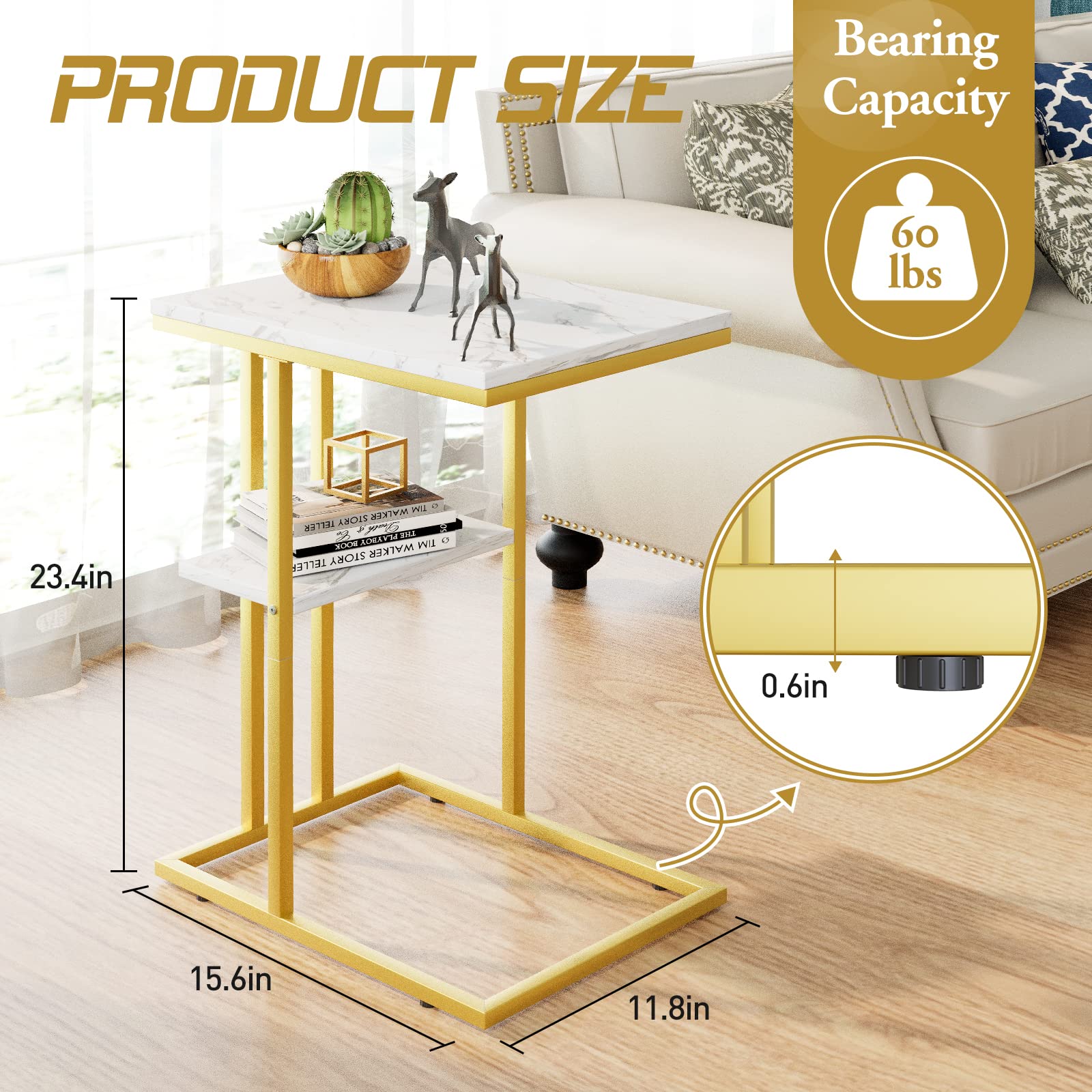 Easy Paws C Shaped End Table,Small Side Table for Couch and Bed, Gold Snack Couch Table for Small Spaces, Living Room, Bedroom,Bedside(Gold)