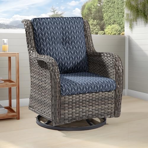 Gardenbee Outdoor Swivel Rocker Chair, High Back Swivel Patio Chairs Wicker Furniture, 1PC Rattan Swivel Rocking Chair with OIefin Cushions, Herringbone Navy