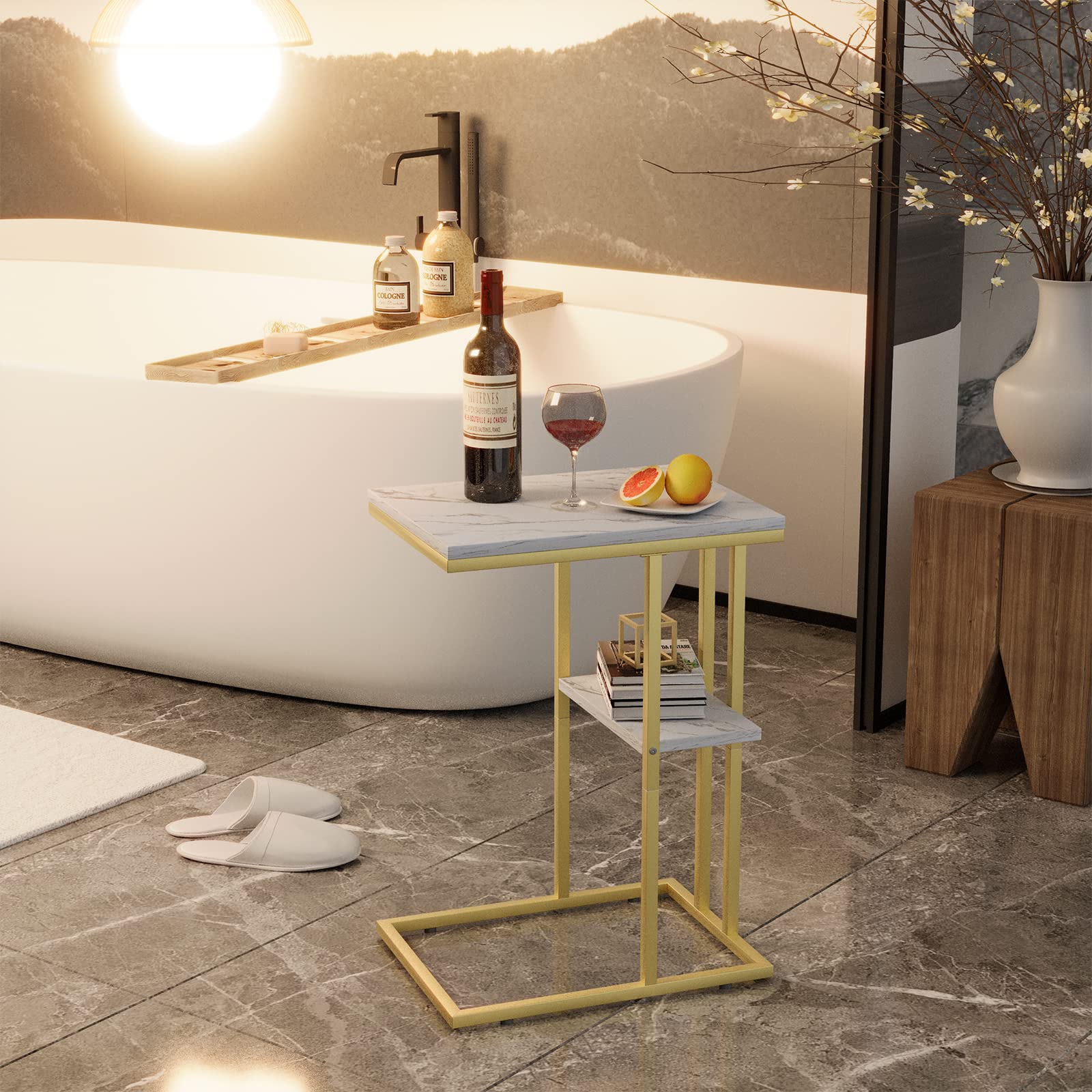 Easy Paws C Shaped End Table,Small Side Table for Couch and Bed, Gold Snack Couch Table for Small Spaces, Living Room, Bedroom,Bedside(Gold)