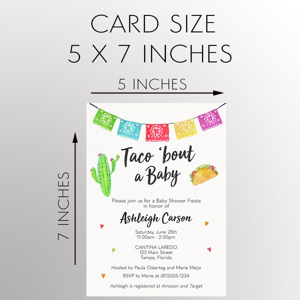Taco Baby Shower Invitations Fiesta Sprinkle Gender Neutral Unisex Invite Taco Bout 'Bout a Baby Cactus Customizable Printed Personalized Cards (12 Count)