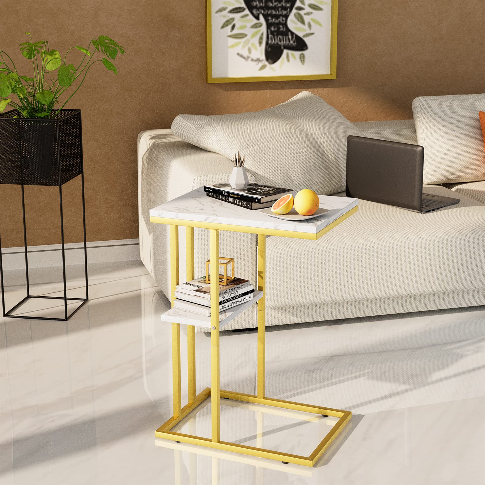 Easy Paws C Shaped End Table,Small Side Table for Couch and Bed, Gold Snack Couch Table for Small Spaces, Living Room, Bedroom,Bedside(Gold)