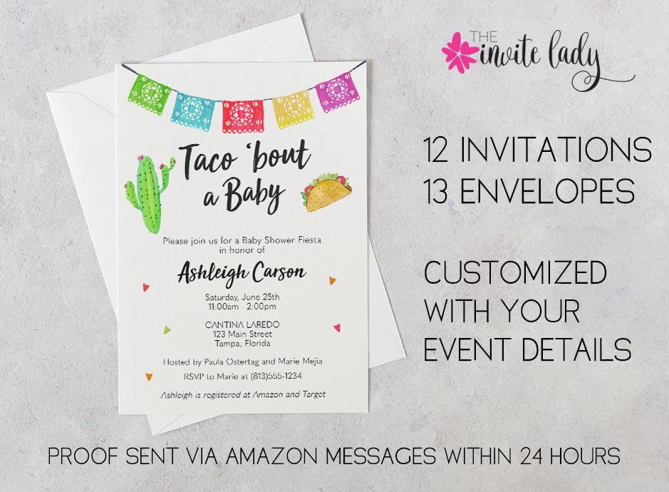 Taco Baby Shower Invitations Fiesta Sprinkle Gender Neutral Unisex Invite Taco Bout 'Bout a Baby Cactus Customizable Printed Personalized Cards (12 Count)