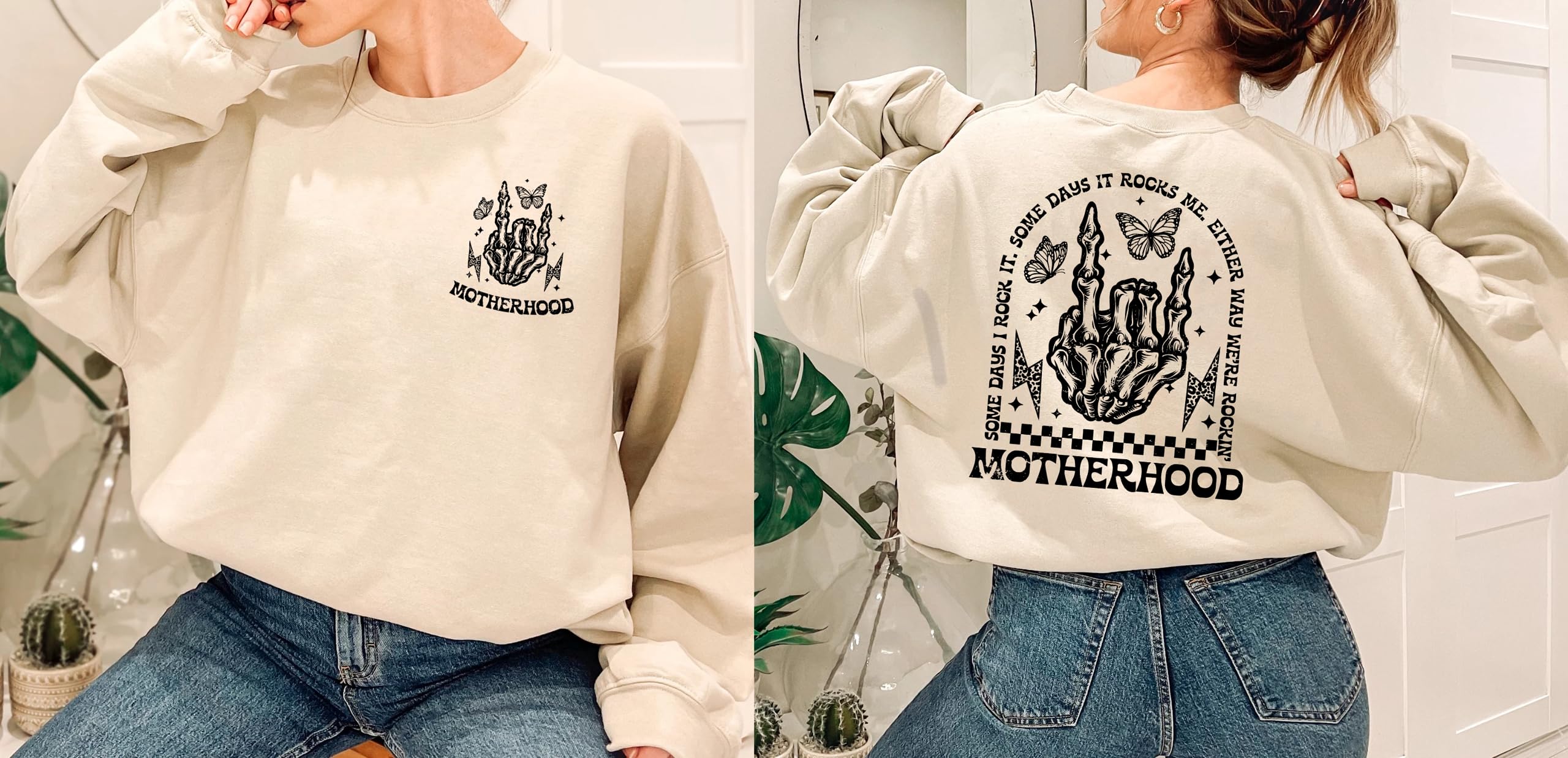 Motherhood Some Days I Rock It Some Days It Rocks Me Sweatshirt 2 Side, Retro Rock Funny Mom Sweater M Sand