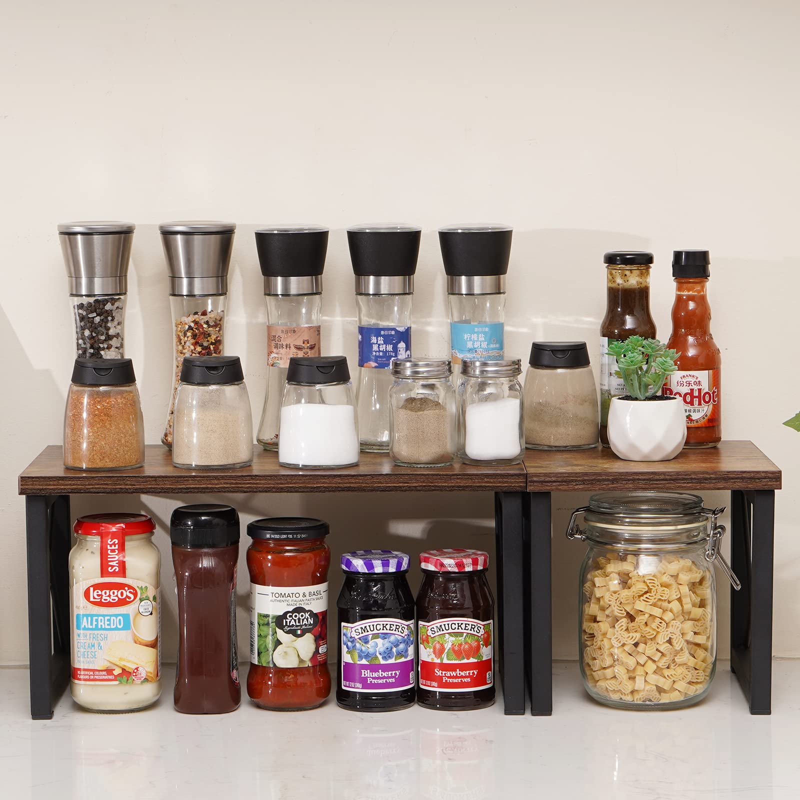 Giikin Wood Desktop Shelf - Table Top Corner Shelf Stand - Kitchen Counter Organizer - Multi-Purpose Adjustable Riser for Monitor Cups Jars Spices - 2 Tier Independent Stackable Desk Stand…
