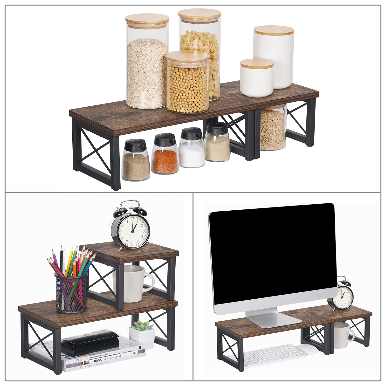 Giikin Wood Desktop Shelf - Table Top Corner Shelf Stand - Kitchen Counter Organizer - Multi-Purpose Adjustable Riser for Monitor Cups Jars Spices - 2 Tier Independent Stackable Desk Stand…