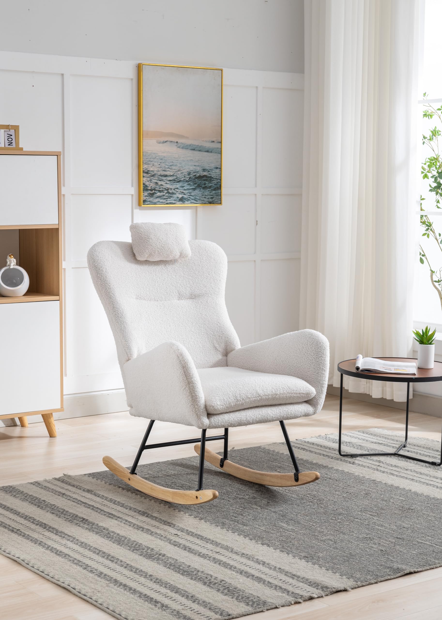Lepfun 35.5 inch Casual, Soft Teddy Velvet Fabric Rocking Chair for Nursery,Comfy Wingback Glider Rocker with Safe Solid Wood Base for Living Room Bedroom and Balcony,White
