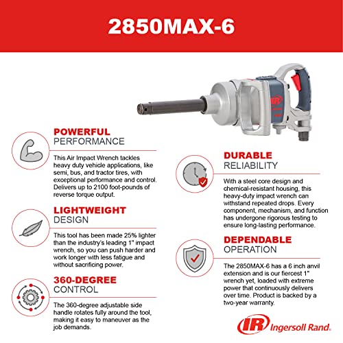 Ingersoll Rand 2850MAX-6 1" Extended Anvil Impact Wrench - 6" Extension, Lightweight Design, Powerful Reverse Torque Output Up to 2100 ft-lbs, Heavy Duty, 5500 RPM, 360 Degree Handle, Gray