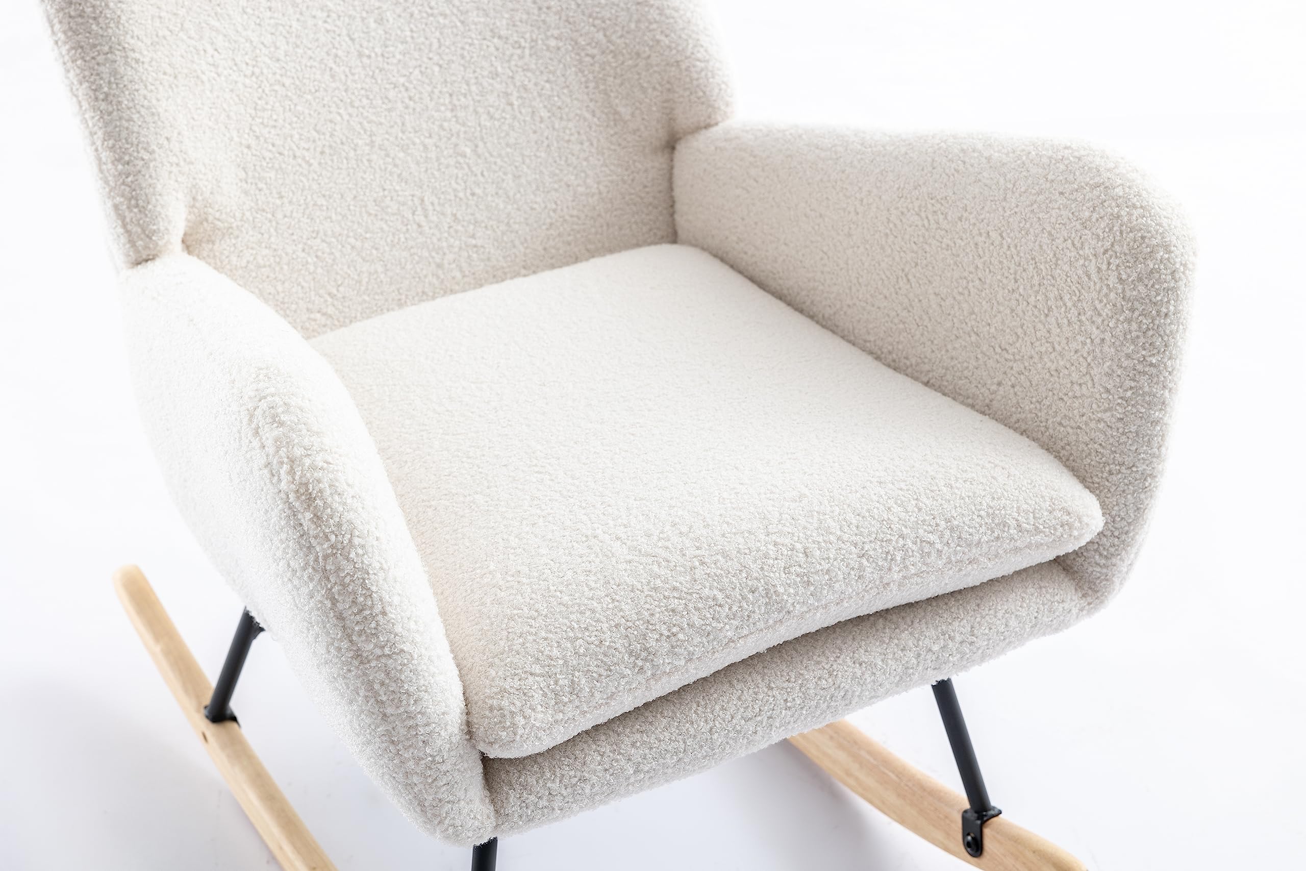 Lepfun 35.5 inch Casual, Soft Teddy Velvet Fabric Rocking Chair for Nursery,Comfy Wingback Glider Rocker with Safe Solid Wood Base for Living Room Bedroom and Balcony,White