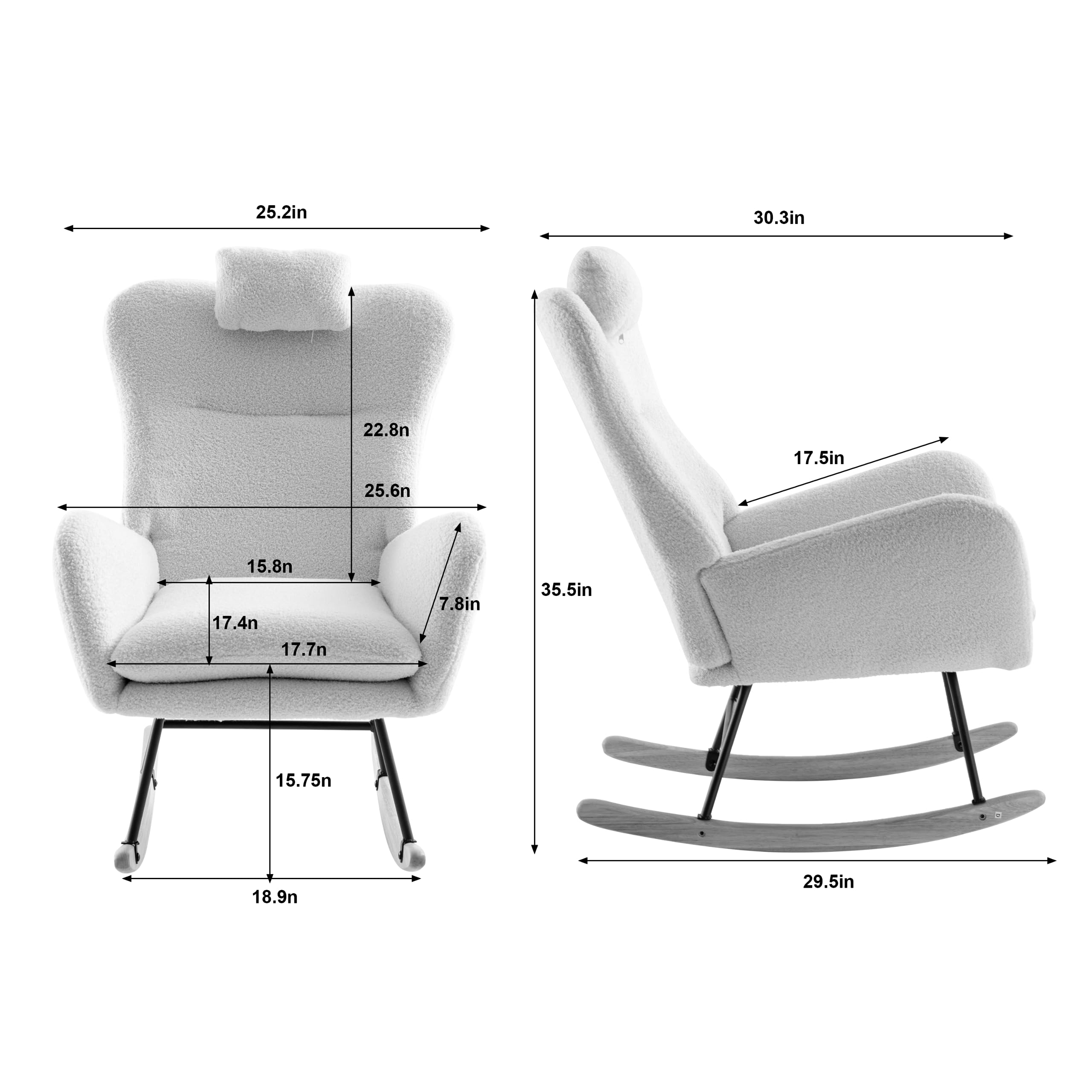 Lepfun 35.5 inch Casual, Soft Teddy Velvet Fabric Rocking Chair for Nursery,Comfy Wingback Glider Rocker with Safe Solid Wood Base for Living Room Bedroom and Balcony,White