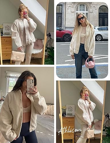 Athlisan Womens Oversized Wool Blend Bomber Jacket Casual Button Down Varsity Jacket with Pockets(Beige-L)
