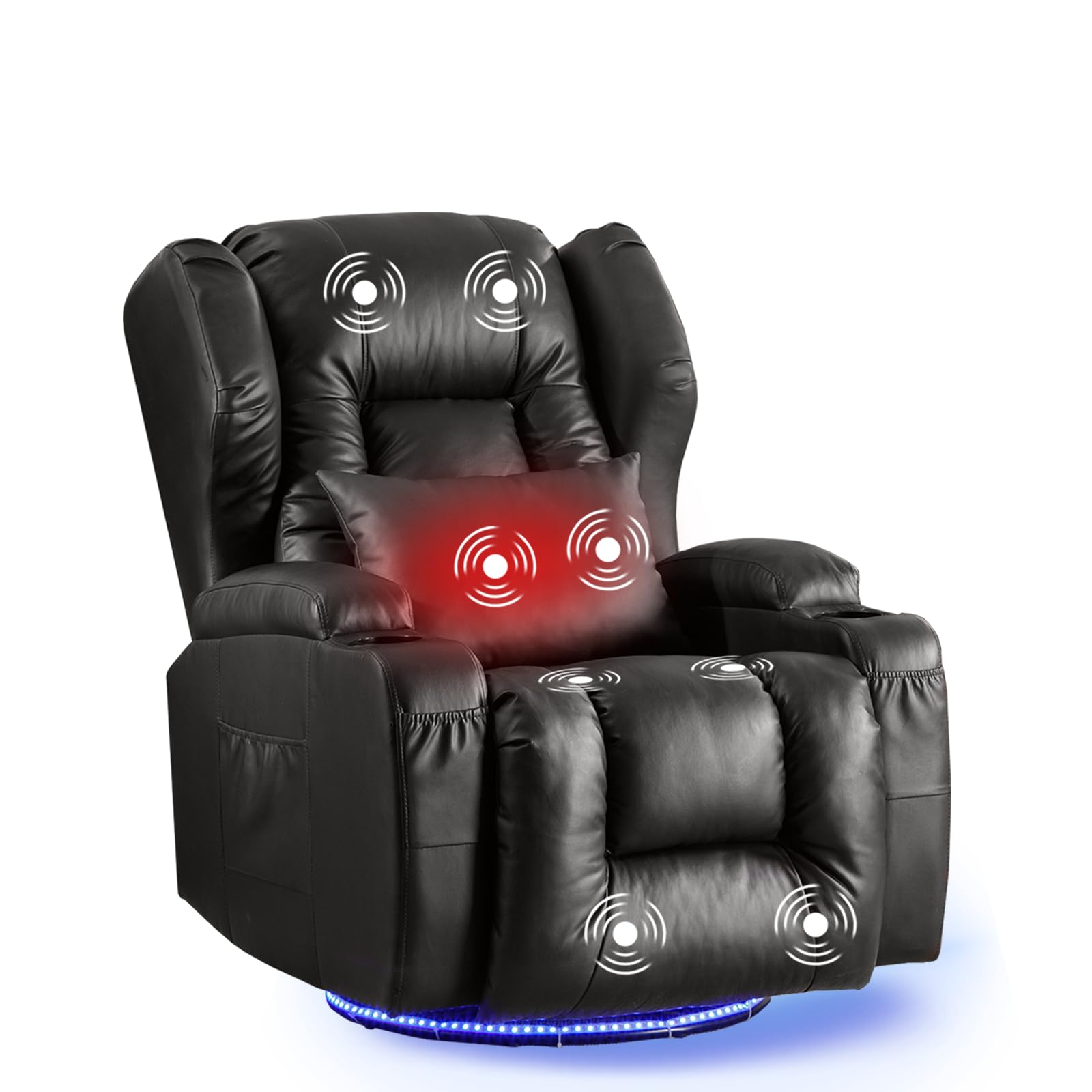 ETAGERIA Power Swivel Rocker Recliner Chair with Massage and Heat 360 Degree Glider Rocking Chairs Ergonomic Lounge Rocker w/Cup Holder/Remote/LED Light for Nursery,Living Room,Home Theater (Black)