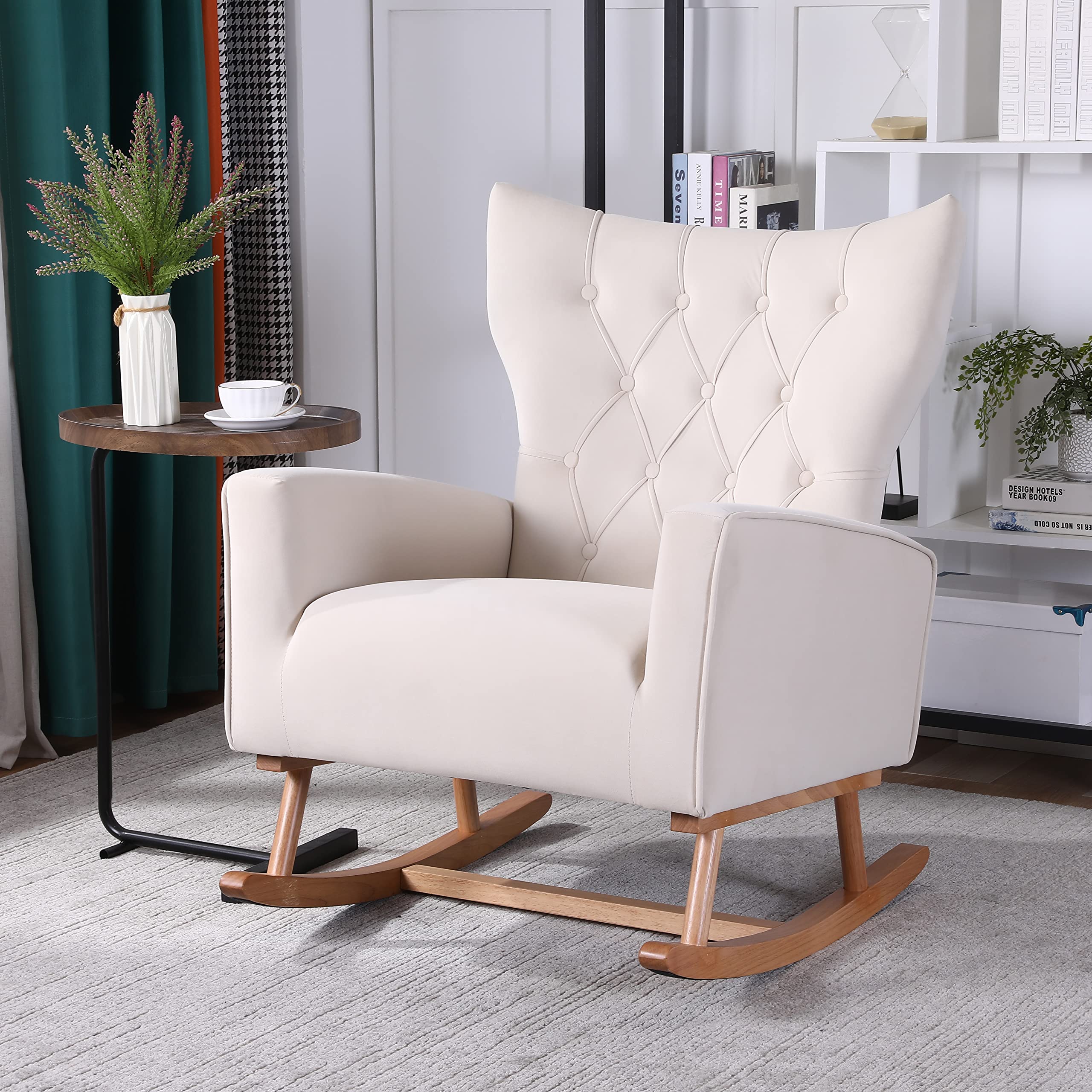 HHOK Rocking, Mid Century Modern Velvet Tufted Upholstered Rocker Armchair Padded Seat with Solid Wood Base, Accent Chair with High Backrest and Armrests for Living Room Bedroom Balcony, Beige