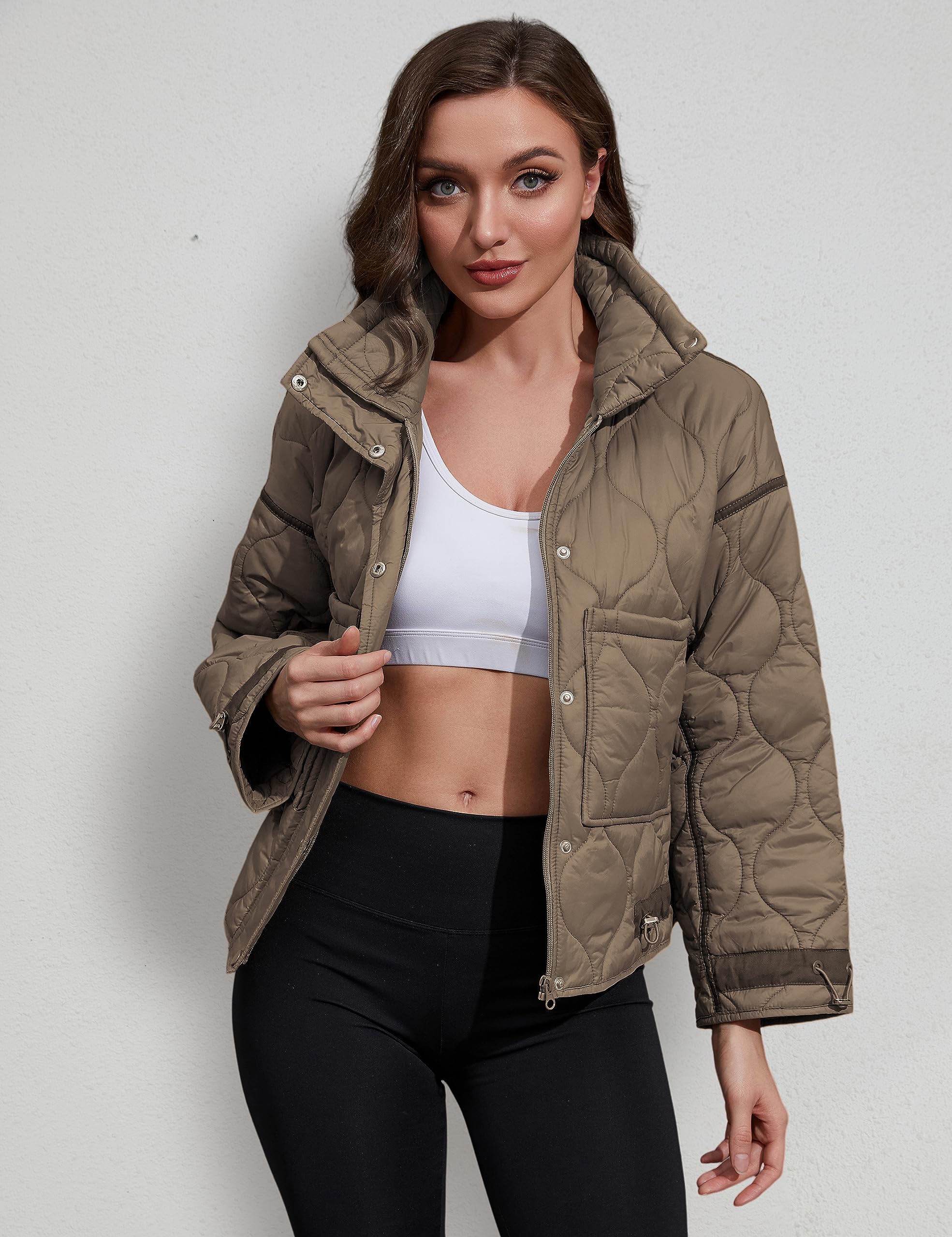 Seetaa Quilted Puffer Jacket Womens Stand Collar Full-Zip Outerwear Puffy Coats Jacket with Pockets(Brown-XL)