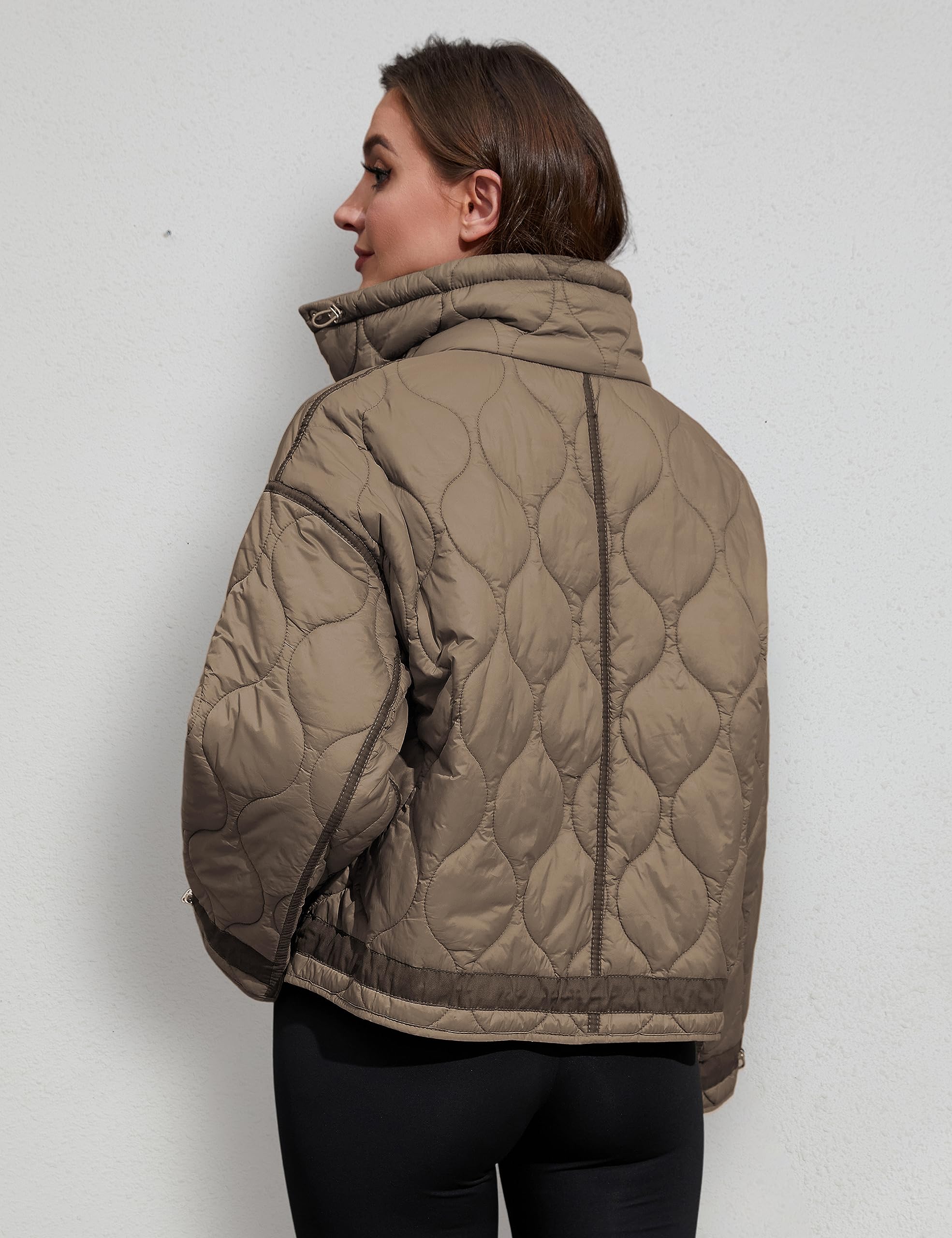 Seetaa Quilted Puffer Jacket Womens Stand Collar Full-Zip Outerwear Puffy Coats Jacket with Pockets(Brown-XL)