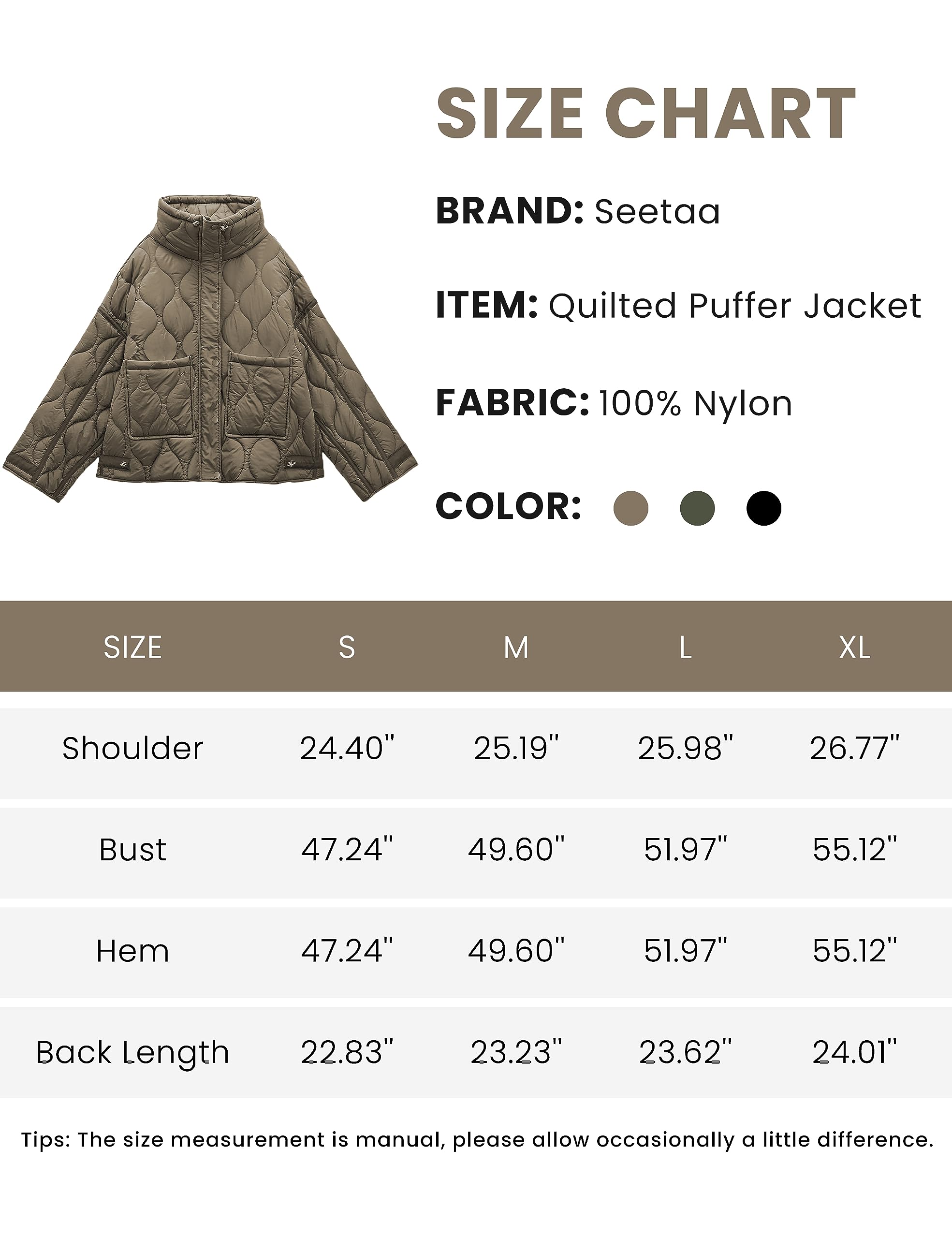 Seetaa Quilted Puffer Jacket Womens Stand Collar Full-Zip Outerwear Puffy Coats Jacket with Pockets(Brown-XL)