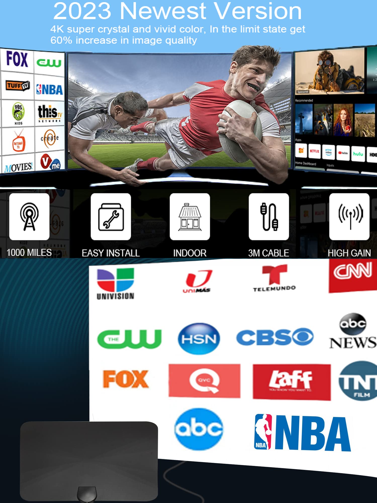 4K Amplified HD Digital Antenna 1000 Miles Range RUPA Indoor Antenna Support 4K 1080p Fire tv Stick All Older TV's Smart Amplifier Signal Booster with Coax Cable 17ft