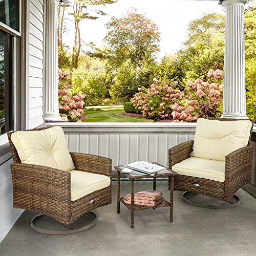 YITAHOME 3-Piece Patio Outdoor Wicker Bistro Rocking Furniture Conversation Chairs for Garden, Backyard and Balcony (Tan Chairs + Off- White Cushions)