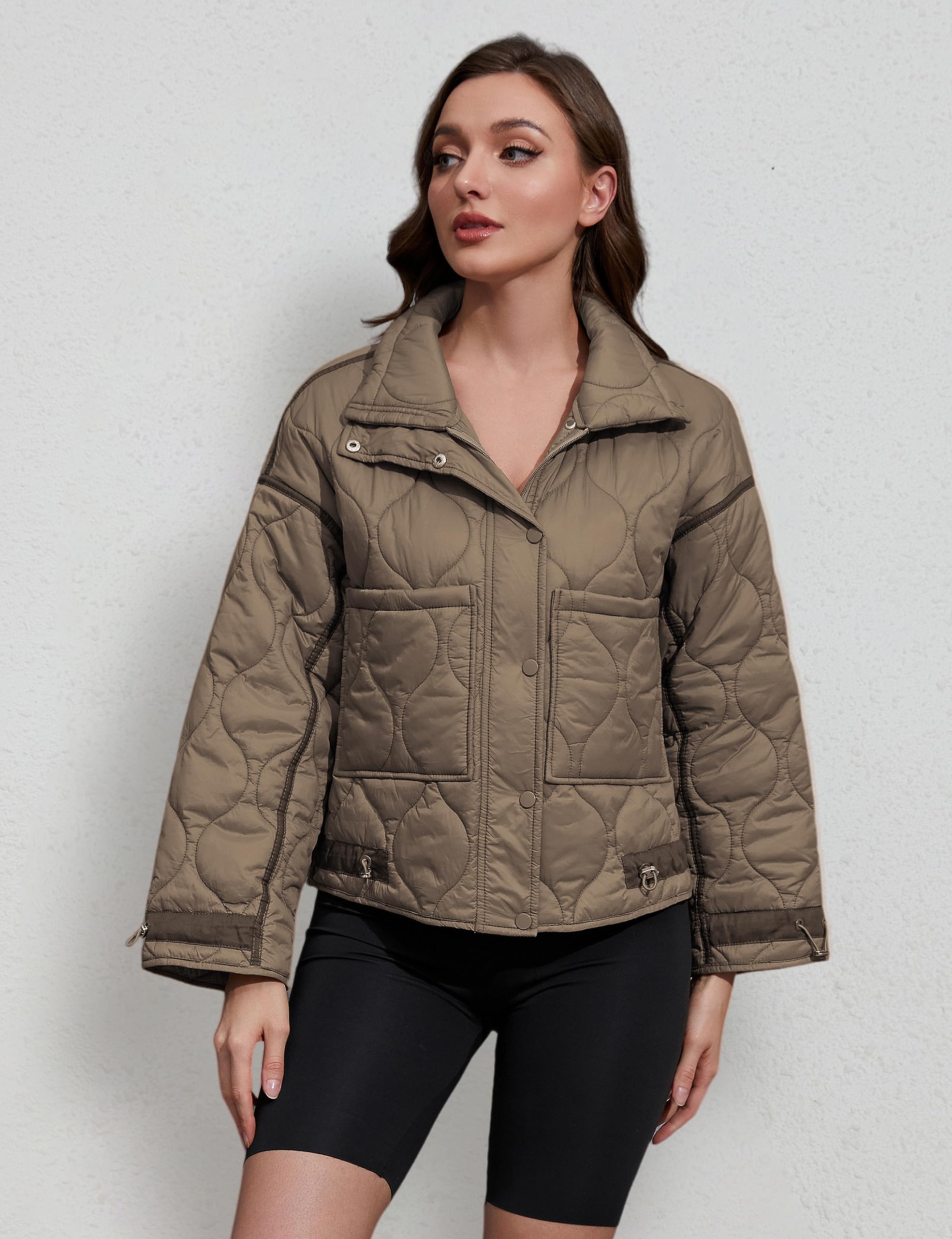 Seetaa Quilted Puffer Jacket Womens Stand Collar Full-Zip Outerwear Puffy Coats Jacket with Pockets(Brown-XL)