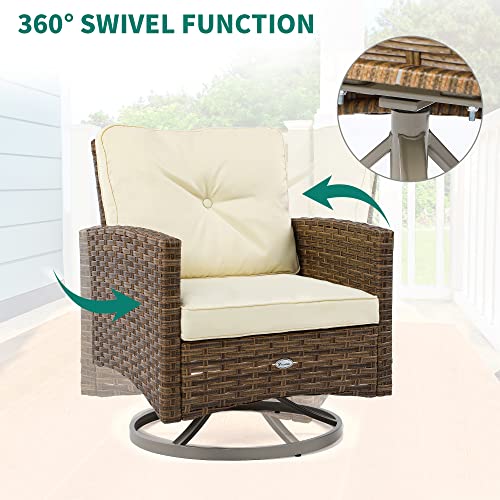 YITAHOME 3-Piece Patio Outdoor Wicker Bistro Rocking Furniture Conversation Chairs for Garden, Backyard and Balcony (Tan Chairs + Off- White Cushions)