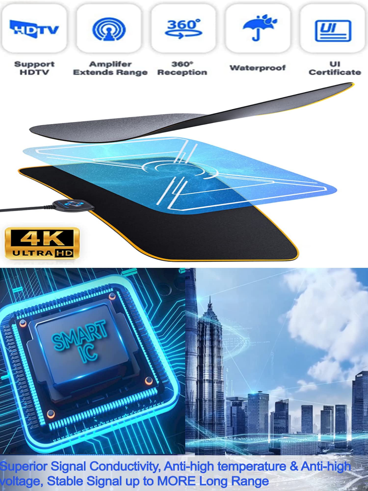 4K Amplified HD Digital Antenna 1000 Miles Range RUPA Indoor Antenna Support 4K 1080p Fire tv Stick All Older TV's Smart Amplifier Signal Booster with Coax Cable 17ft
