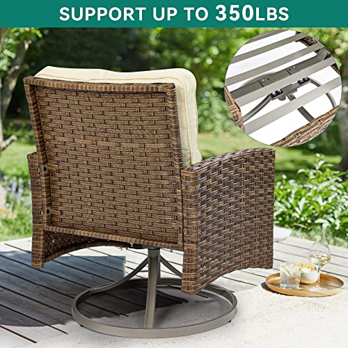 YITAHOME 3-Piece Patio Outdoor Wicker Bistro Rocking Furniture Conversation Chairs for Garden, Backyard and Balcony (Tan Chairs + Off- White Cushions)