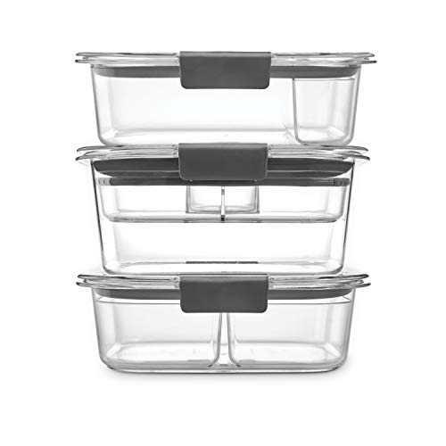 Rubbermaid 12-Piece Brilliance Food Storage with Dressing Container, Trays, and Lids for Lunch, Meal Prep, and Leftovers, Dishwasher Safe, Clear/Grey