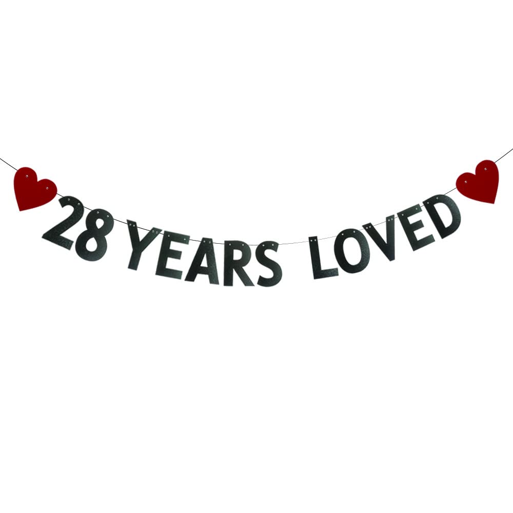 28 YEARS LOVED Banner๏ผPre-strung๏ผ28th Birthday / Wedding Anniversary Party Decorations Supplies๏ผBlack Glitter Paper Garlands Backdrops, Letters Black Betteryanzi