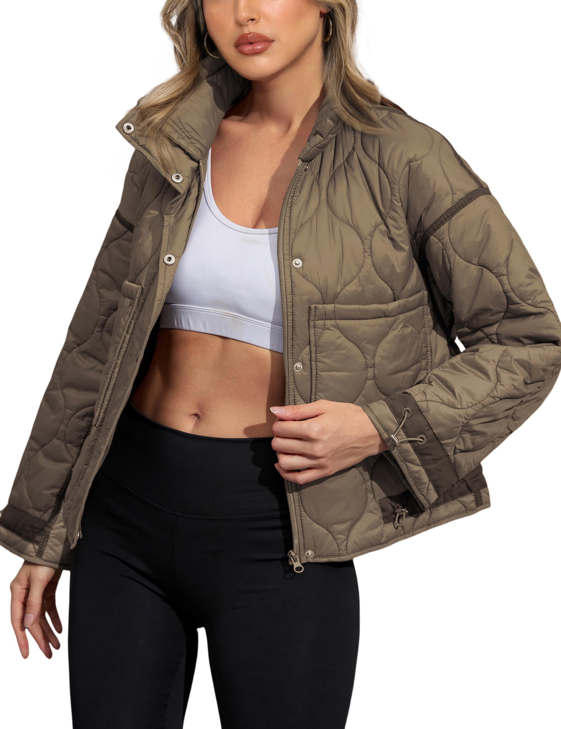 Seetaa Quilted Puffer Jacket Womens Stand Collar Full-Zip Outerwear Puffy Coats Jacket with Pockets(Brown-XL)