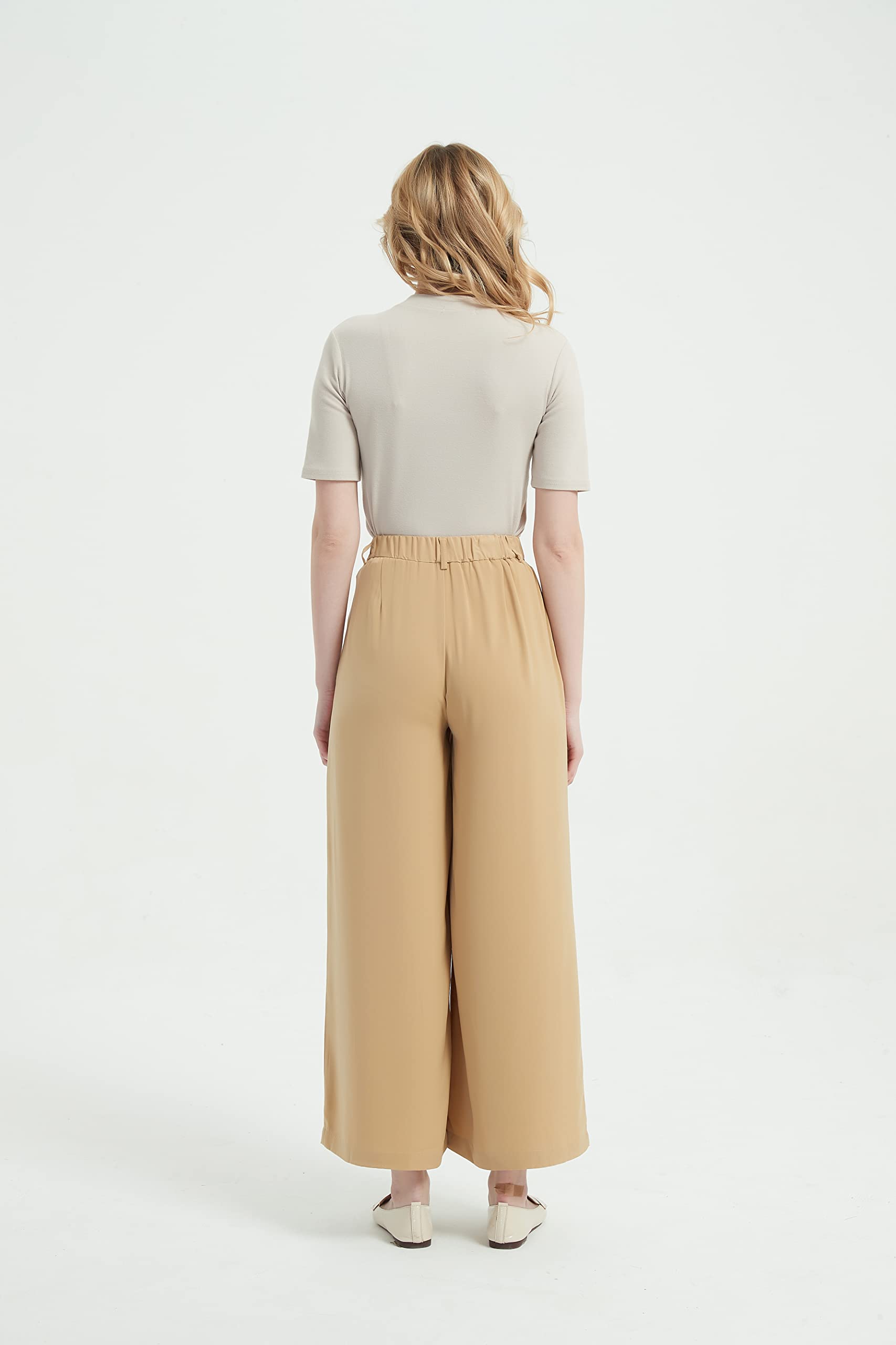 Tronjori Women High Waist Casual Wide Leg Long Palazzo Pants Trousers Regular Size(L, Sand)