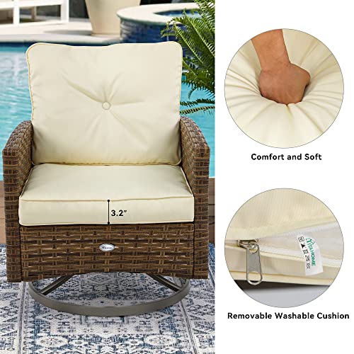 YITAHOME 3-Piece Patio Outdoor Wicker Bistro Rocking Furniture Conversation Chairs for Garden, Backyard and Balcony (Tan Chairs + Off- White Cushions)