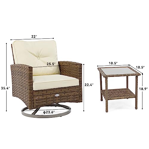YITAHOME 3-Piece Patio Outdoor Wicker Bistro Rocking Furniture Conversation Chairs for Garden, Backyard and Balcony (Tan Chairs + Off- White Cushions)