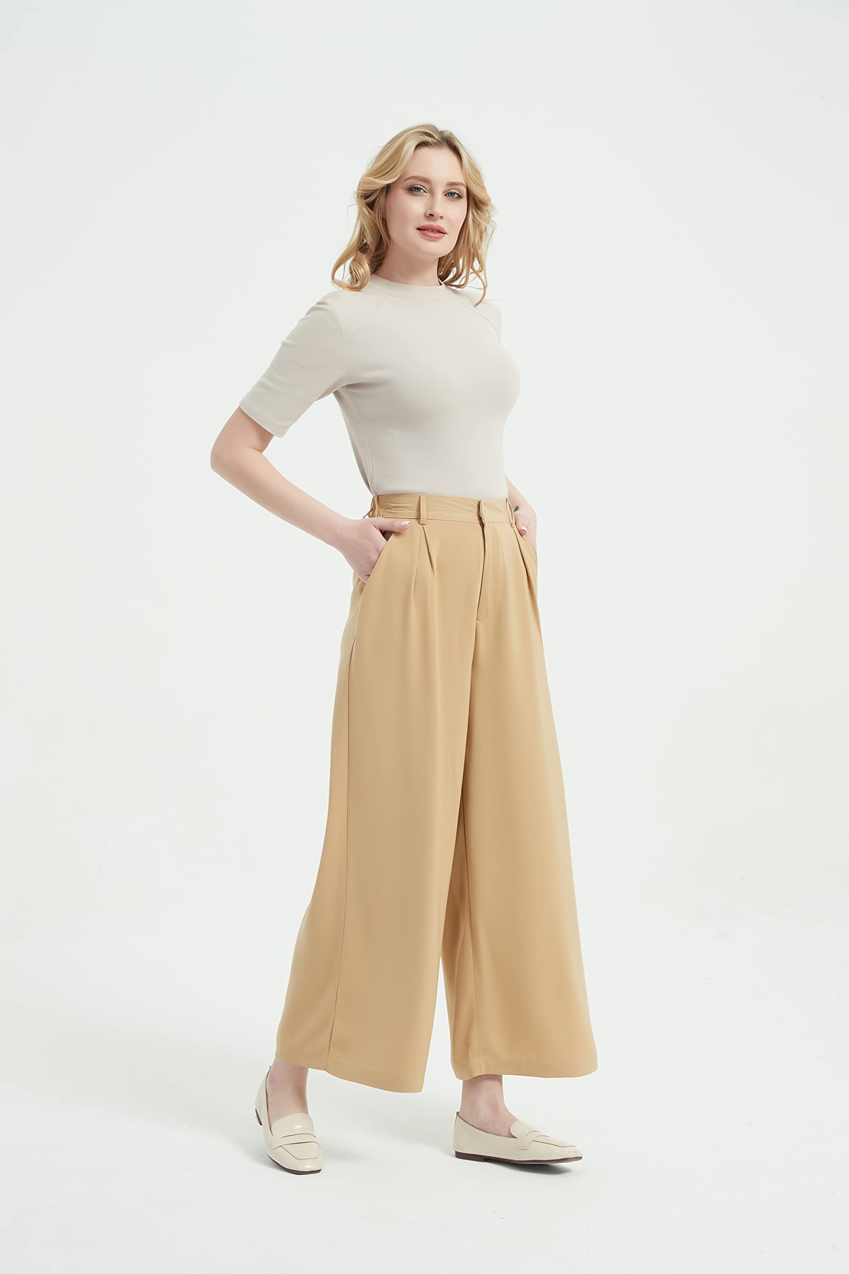 Tronjori Women High Waist Casual Wide Leg Long Palazzo Pants Trousers Regular Size(L, Sand)