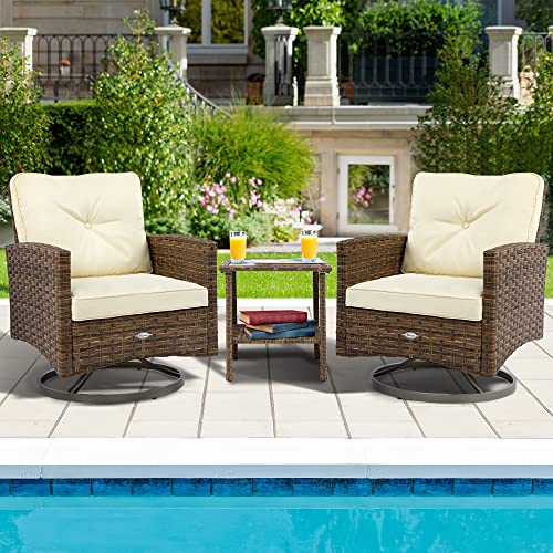 YITAHOME 3-Piece Patio Outdoor Wicker Bistro Rocking Furniture Conversation Chairs for Garden, Backyard and Balcony (Tan Chairs + Off- White Cushions)