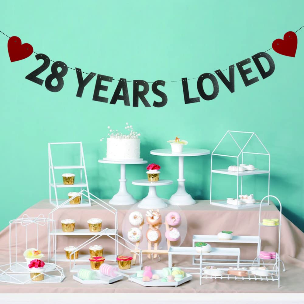 28 YEARS LOVED Banner,Pre-strung,28th Birthday / Wedding Anniversary Party Decorations Supplies,Black Glitter Paper Garlands Backdrops, Letters Black Betteryanzi