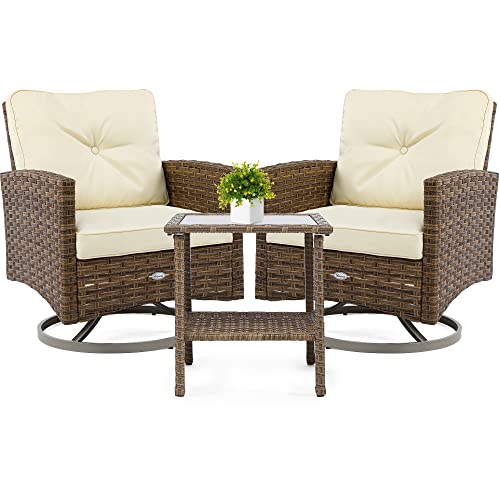 YITAHOME 3-Piece Patio Outdoor Wicker Bistro Rocking Furniture Conversation Chairs for Garden, Backyard and Balcony (Tan Chairs + Off- White Cushions)