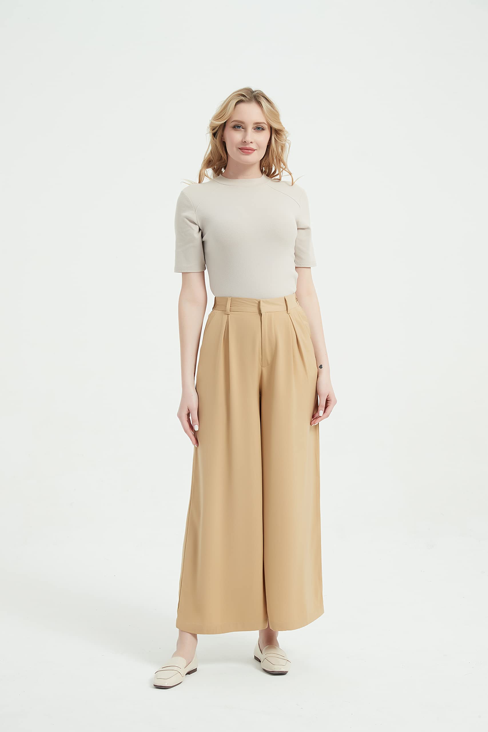 Tronjori Women High Waist Casual Wide Leg Long Palazzo Pants Trousers Regular Size(L, Sand)