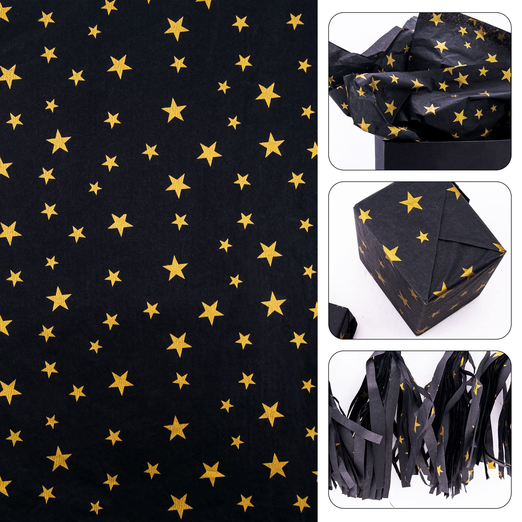 60 Sheets Black with Gold Star Tissue Paper,Black Tissue Paper for Gift Bags,Black Gift Wrapping Tissue for Halloween Christmas,Wedding,Birthday,Arts Crafts,14 x 20 Inch