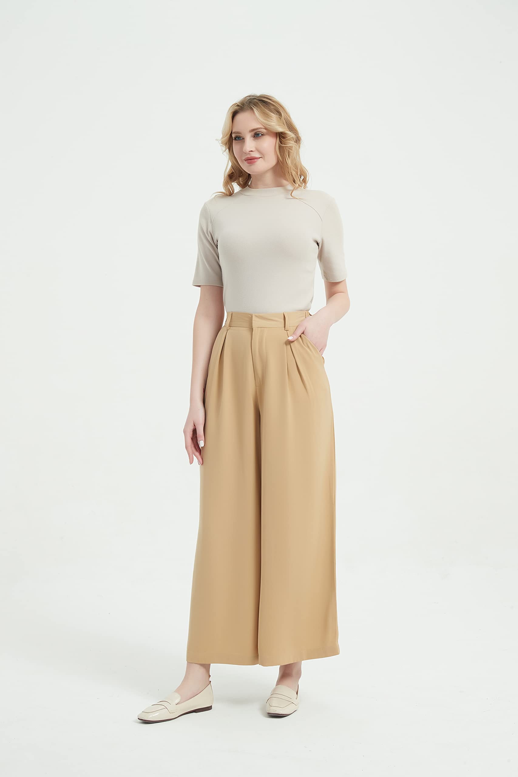 Tronjori Women High Waist Casual Wide Leg Long Palazzo Pants Trousers Regular Size(L, Sand)
