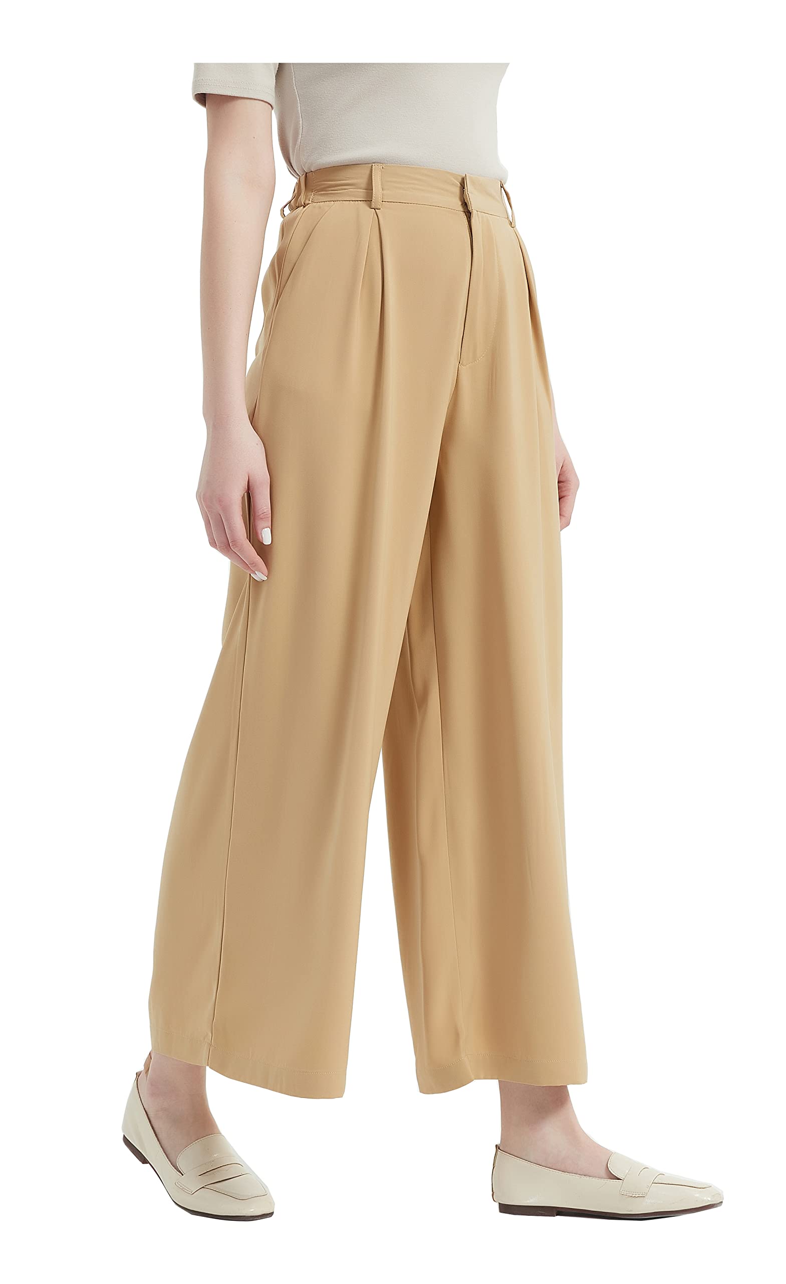 Tronjori Women High Waist Casual Wide Leg Long Palazzo Pants Trousers Regular Size(L, Sand)