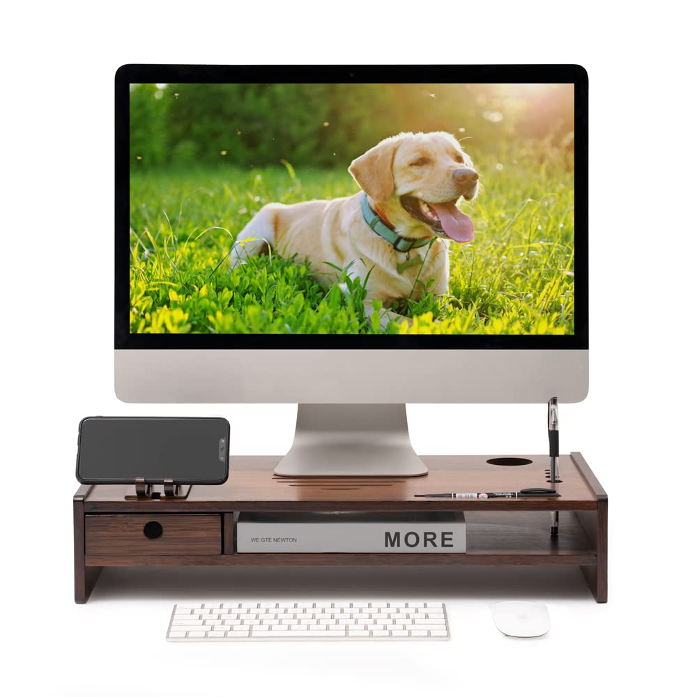 EGGREE Wood Monitor Stand Riser,Desktop Organizer with One Drawer Storage,Walnut Monitor Stand for Computer Laptop