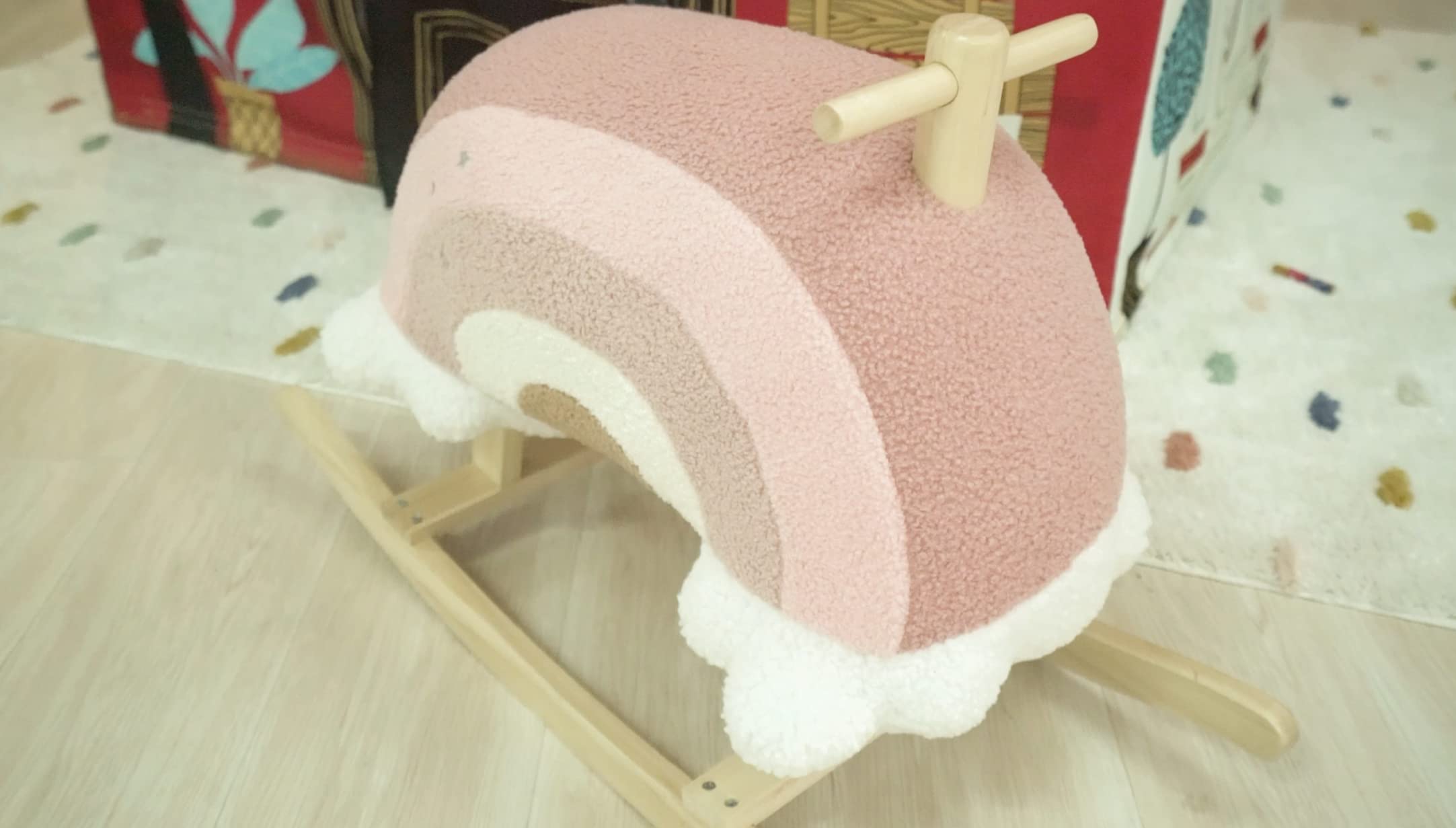 Hopscotch Squad Rainbow Rocker Fully Assembled Natural Wood Rocking Horse with Soft Fleece Pink Puffy Plush Clouds