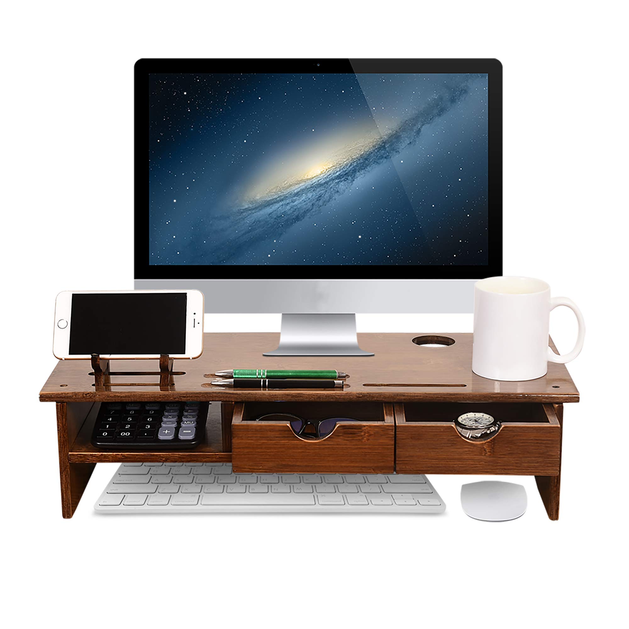 WAYTRIM Bamboo Wood Monitor Stand Ergonomic Computer Riser with Storage Organizer Drawers Desktop Laptop Shelf Risers Cellphone Stand for Home and Office Use, Classic Antique Brown