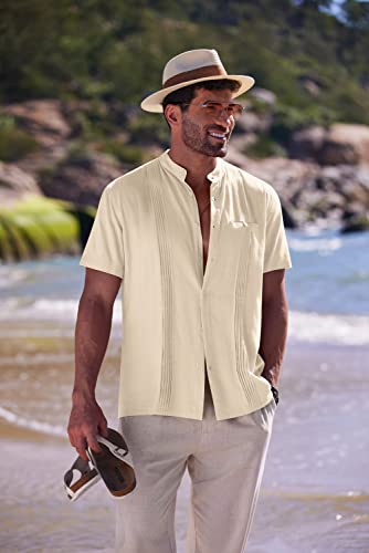 COOFANDY Men's Short Sleeve Linen Shirt Guayabera Cuban Beach Tops Band Collar Casual Button Down Shirts Khaki