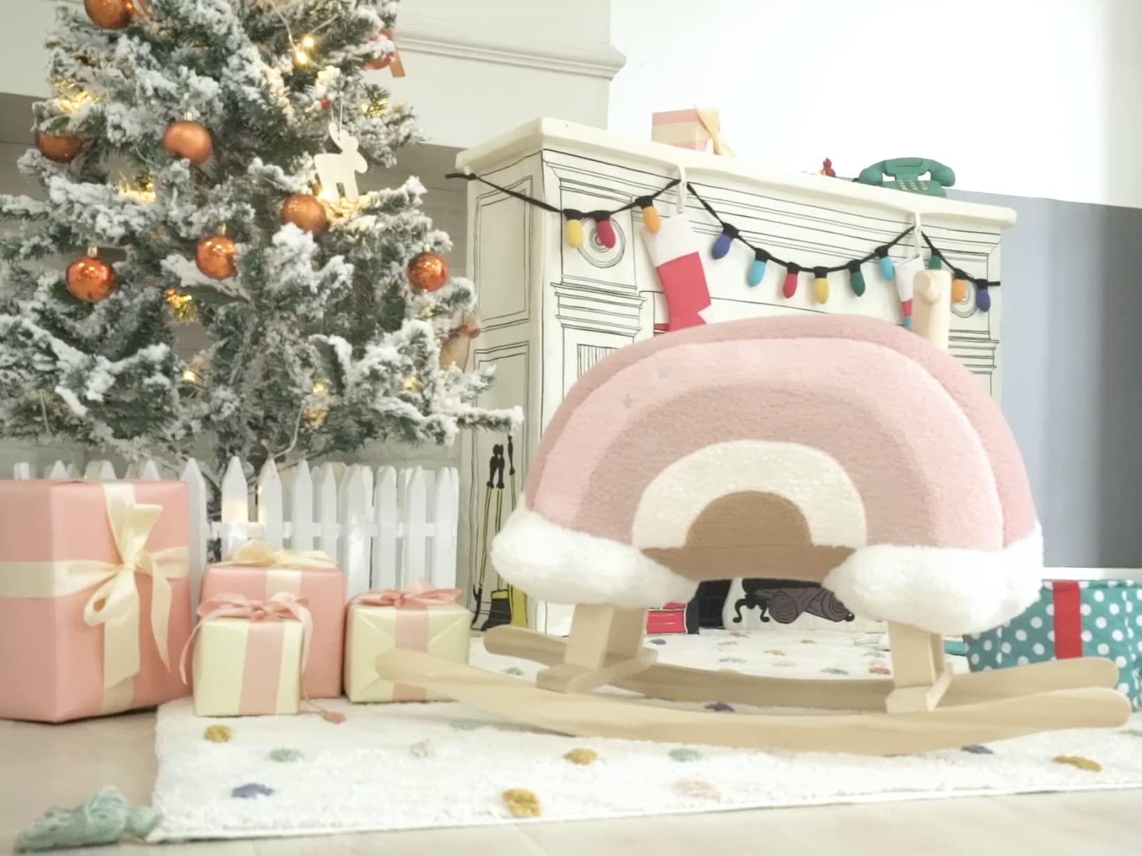 Hopscotch Squad Rainbow Rocker Fully Assembled Natural Wood Rocking Horse with Soft Fleece Pink Puffy Plush Clouds